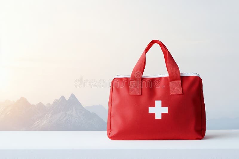 A Red First-aid Bag with a White Cross Sits on a White Surface Against ...