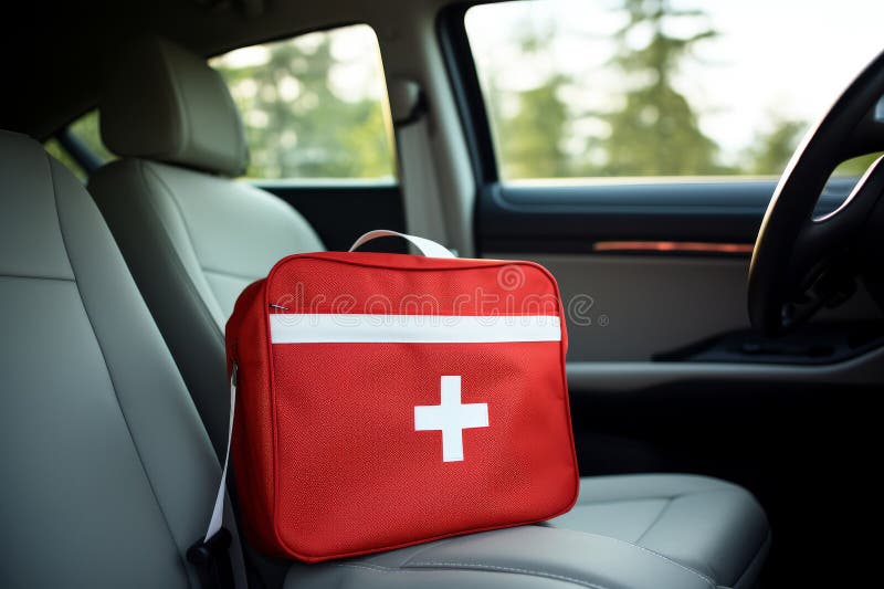 Red First Aid Kit Bag with a Cross Symbol on Seat in Car Stock ...