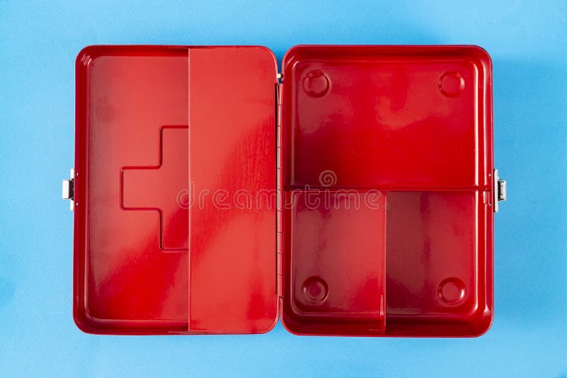 Red First Aid Kit Box, Opened, Flat Lay on Blue Background, Empty Copy ...