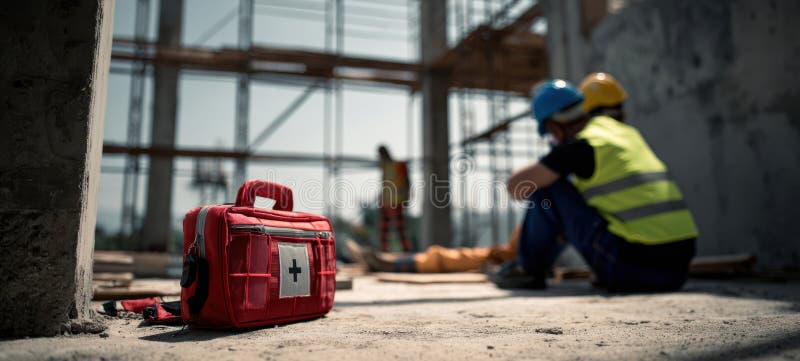 The Red First Aid Kit on a Construction Site with Workers in the ...