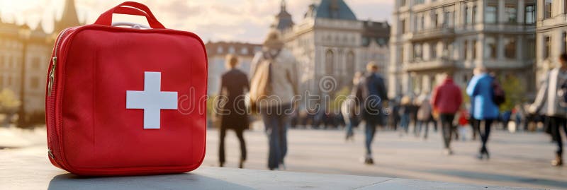 Red First Aid Kit with Cross Symbol in Busy Urban Setting Stock ...