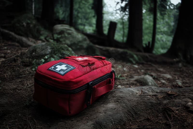 Red First Aid Kit in Dark Forest Stock Illustration - Illustration of ...