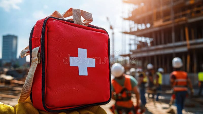 Red First Aid Kit Held by Construction Worker on Site Stock ...