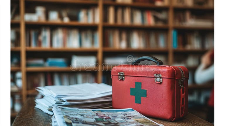 Red First Aid Kit on Library Desk with Stacked Papers in Soft Focus ...
