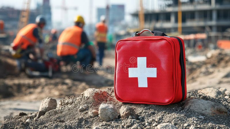 Red First Aid Kit Placed on a Construction Site Backdrop Stock ...