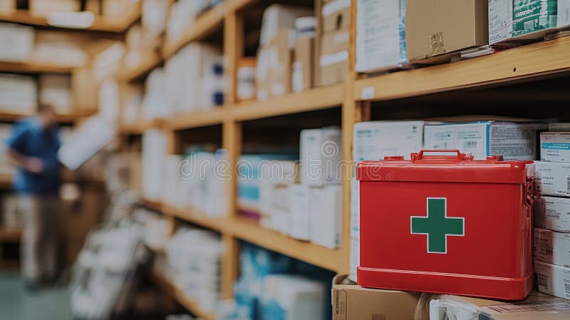 Red First Aid Kit on Shelf in Warehouse with Blurred Worker Background ...