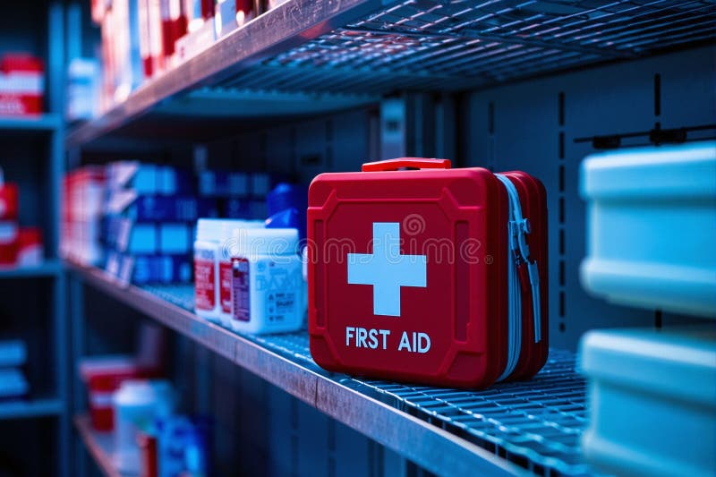Red First Aid Kit Sitting on Metal Shelf in Supply Room Stock Photo ...