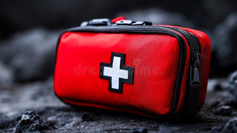 A Red First Aid Kit Sitting on Top of a Rock Stock Photo - Image of ...