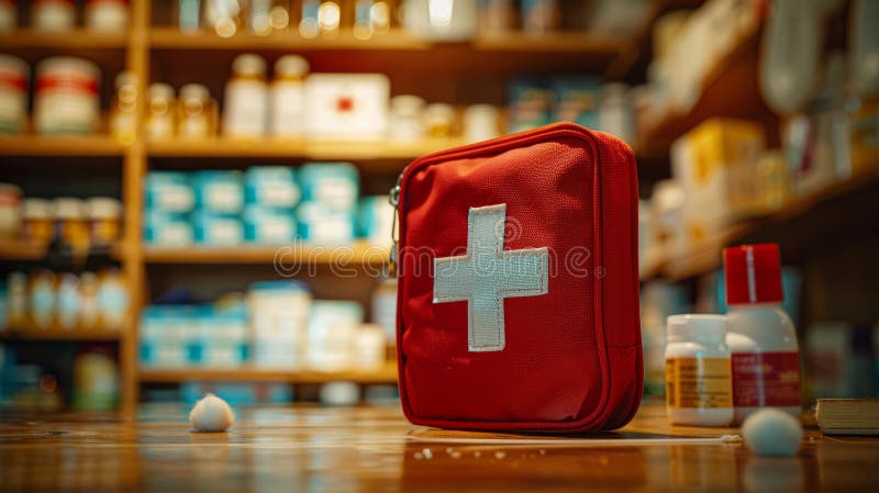 Red First Aid Kit on a Table in a Pharmacy. Stock Photo - Image of ...