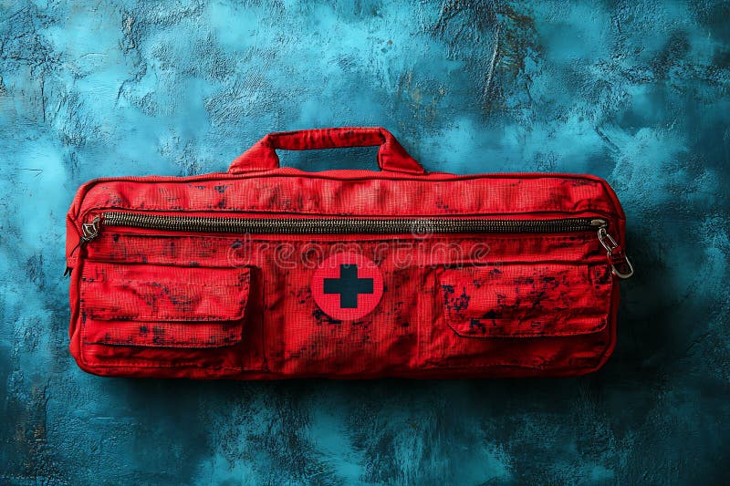 Red First Aid Kit on a Textured Teal Background for Emergency ...