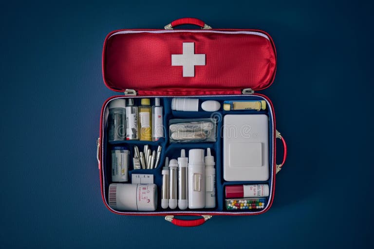 Red First Aid Kit with Various Medication Pads and Bandages Inside ...