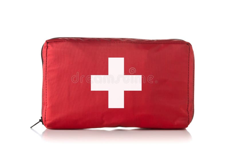 Red First Aid Medical Kit Bag Standing Over White Stock Image - Image ...