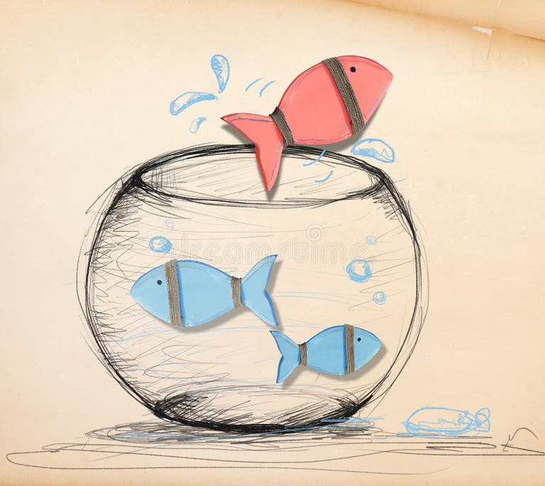 Red Fish Escaping from Fishbowl Stock Illustration - Illustration of ...