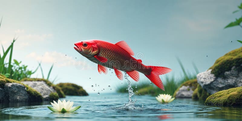 Red Fish Jumping in Clear Water Stream with Rocks and Greenery Stock ...