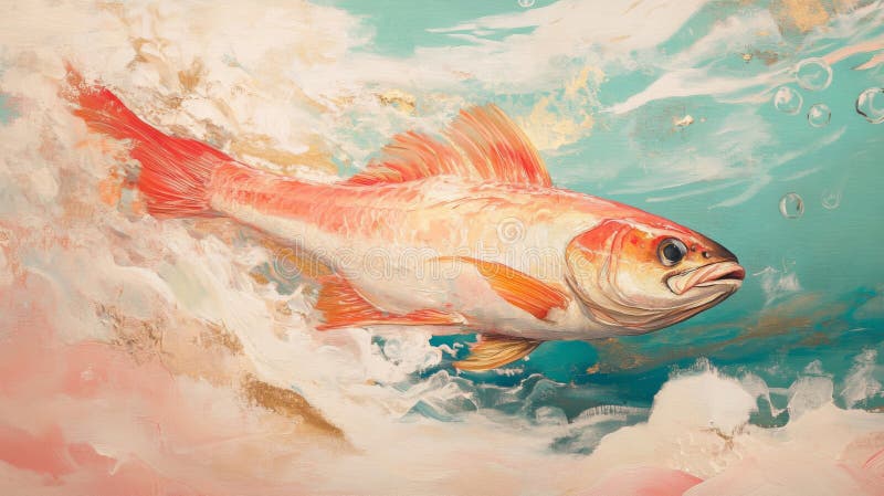 Red Fish Leaping through Ocean Wave Painting Stock Illustration ...