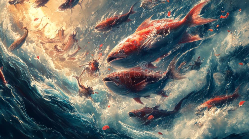 Red Fish Leaping from Waves Dramatic Ocean Scene Stock Illustration ...
