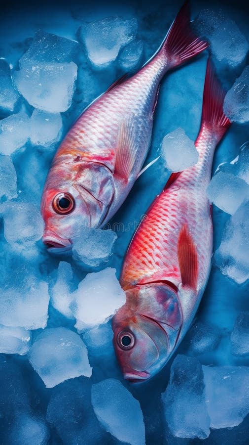3 Red Fish Lined One Each Other on Ice Generative AI Stock Photo ...