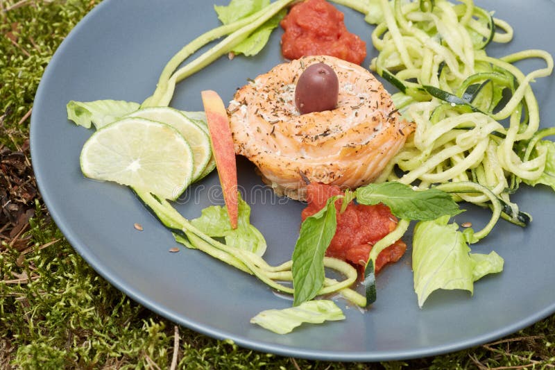 Red Fish Roll with Shredded and Sliced Vegetables Stock Image - Image ...
