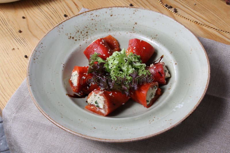 Red Fish Rolls Stuffed with Cheese Stock Photo - Image of restaurant ...