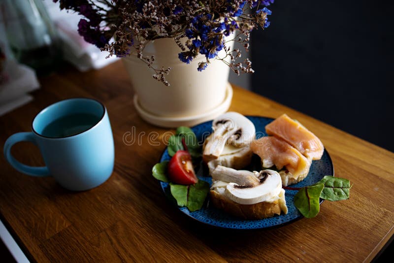 Red Fish Sandwich with Bread for Breakfast on Wooden Table. Stock Photo ...