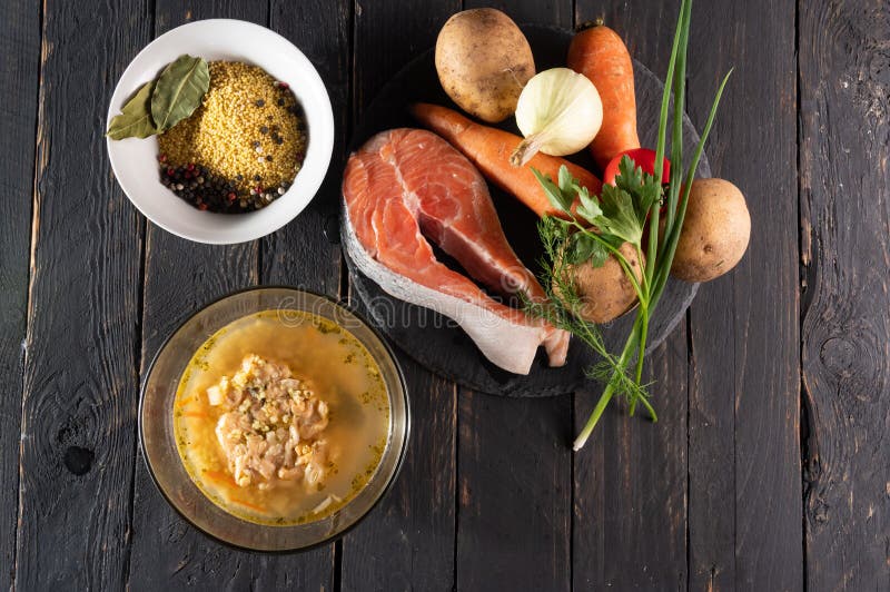 Red Fish Soup. Vegetables, Spices and Red Fish. Salmon Soup. a Dish of ...