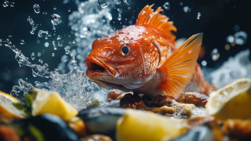 Red Fish Splashing in Water with Lemons and Shellfish Stock ...
