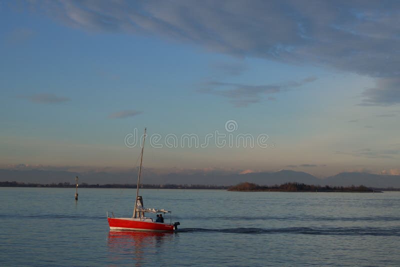 Red Fishing Boat in the Calm Ocean, at Sunset Stock Image - Image of ...