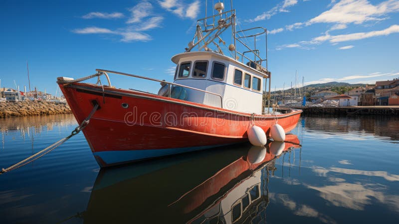 Red Fishing Boat Docked in a Port Stock Illustration - Illustration of ...