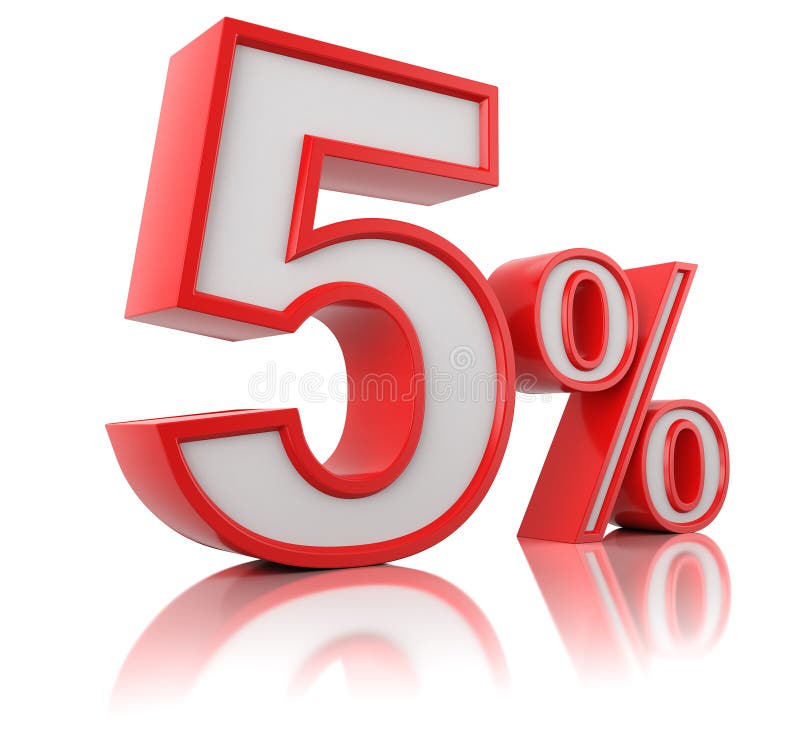Red Five Percent on White Reflective Background. 3d Rendering ...