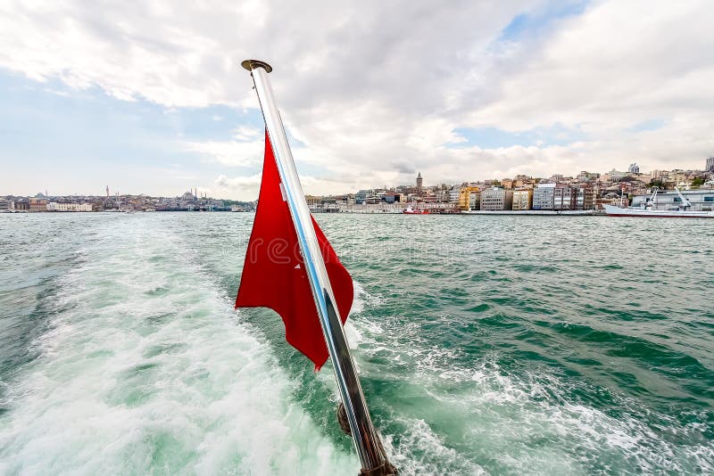 Red Flag Closeup in the Stern Boat. Bosphorus, Istanbul Stock Image ...
