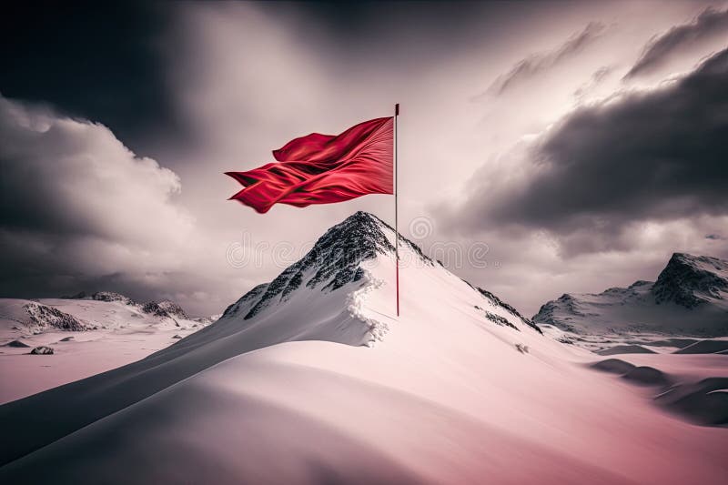 Red Flag Flapping in the Wind Atop a Snowy Peak Stock Illustration ...