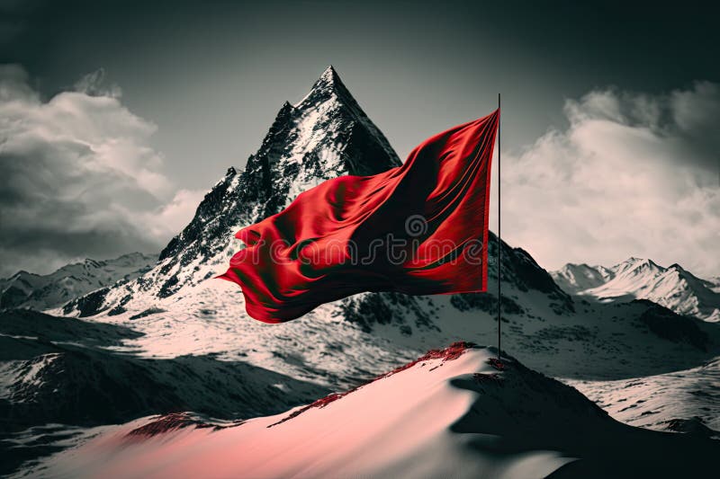 Red Flag Flapping in the Wind on a Snowy Mountain Peak Stock ...