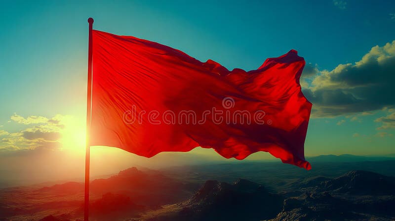 A Red Flag Flying High in the Sky Over a Mountain Range Stock Image ...