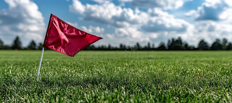A Red Flag on a Golf Course with a Blue Sky in the Background Stock ...