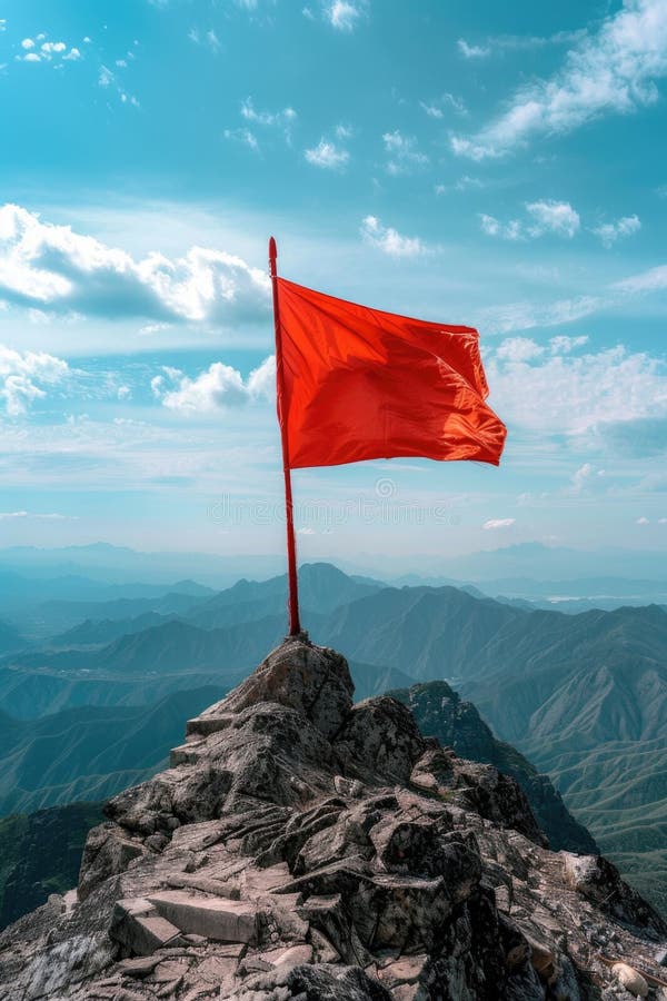 Red flag on mountain peak stock image. Image of height - 383364265