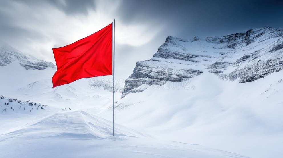 A Red Flag in the Snow on a Mountain Top, AI Stock Image - Image of ...