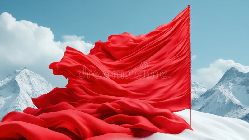 A Red Flag in the Snow with Mountains Behind it, AI Stock Photo - Image ...