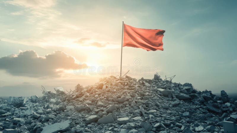 A Red Flag Stuck on Top of a Pile of Rubble, Possibly Indicating Danger ...