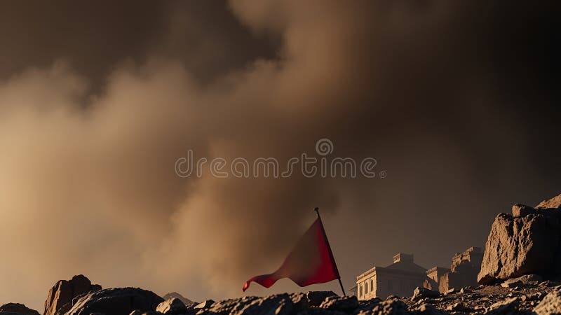 A Red Flag Waves in the Wind Against a Backdrop of Dark Ominous Clouds ...