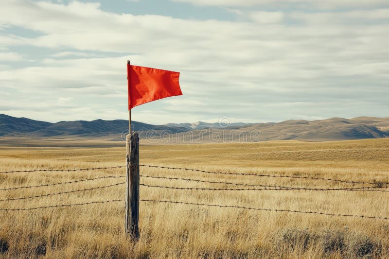 A Red Flag on a Wooden Post Against Rolling Golden Fields and a Distant ...
