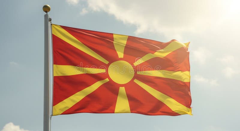 Red Flag with a Yellow Sun Featuring Eight Broad Rays Extending from ...