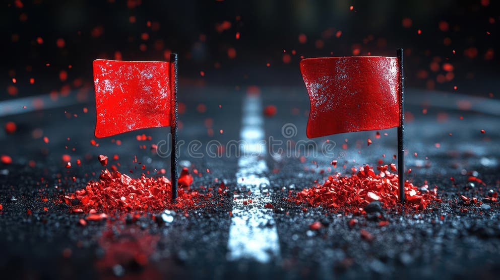 Red Flags, Crumbling Path Ahead Stock Photo - Image of impediment ...