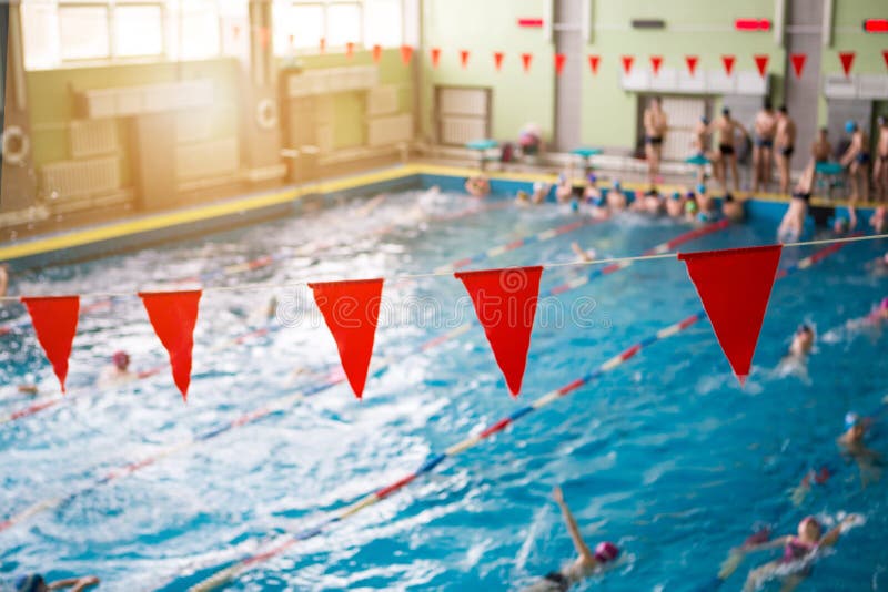 Red Flags Hanging in the Pool at the Competition Stock Image - Image of ...