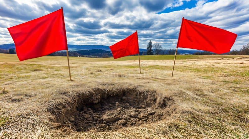 Red Flags Marking a Partially Buried Unexploded Bomb in Rural Field ...