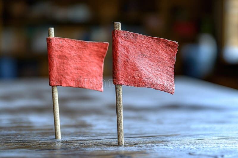 Red Flags Sit Atop a Wooden Table, Awaiting Use or Display Stock Image ...