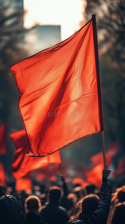 Red Flags Waving in Air at Open Air Rally, People Gathered Stock ...
