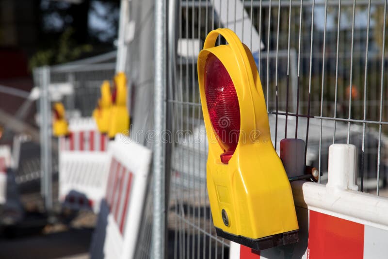 Red Flash Light and Road Closure of City Roadwork Construction Sight ...