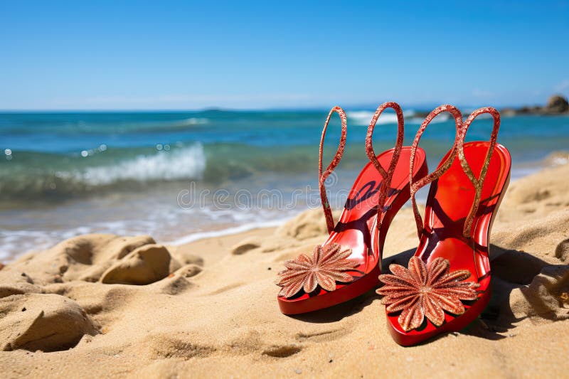 Red Flip Flops on the Sandy Beach Stock Illustration - Illustration of ...