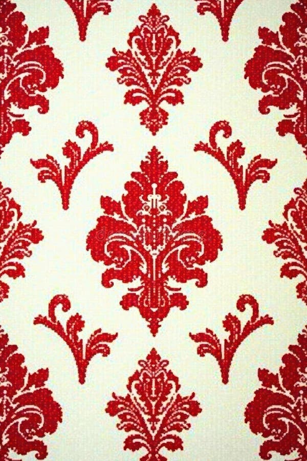 Red Flock Wallpaper, Vintage Damask Pattern on White Retro Design ...