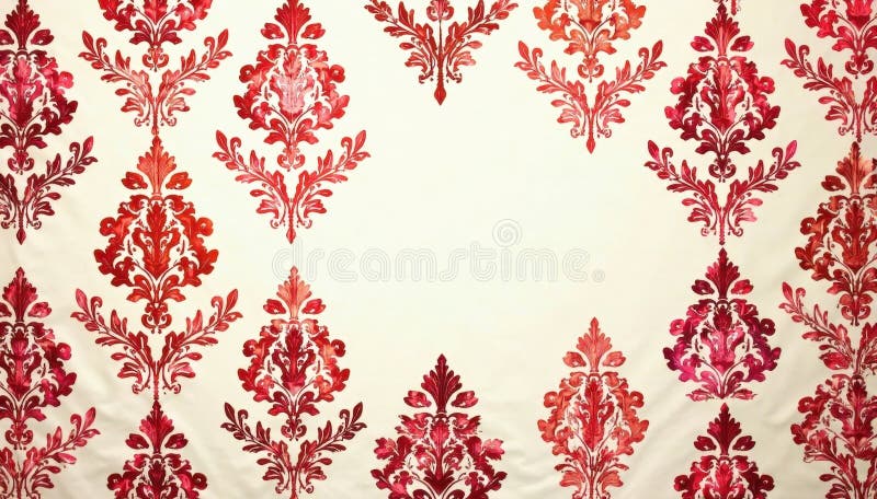 Red Flock Wallpaper, Vintage Damask Pattern on White Retro Style ...